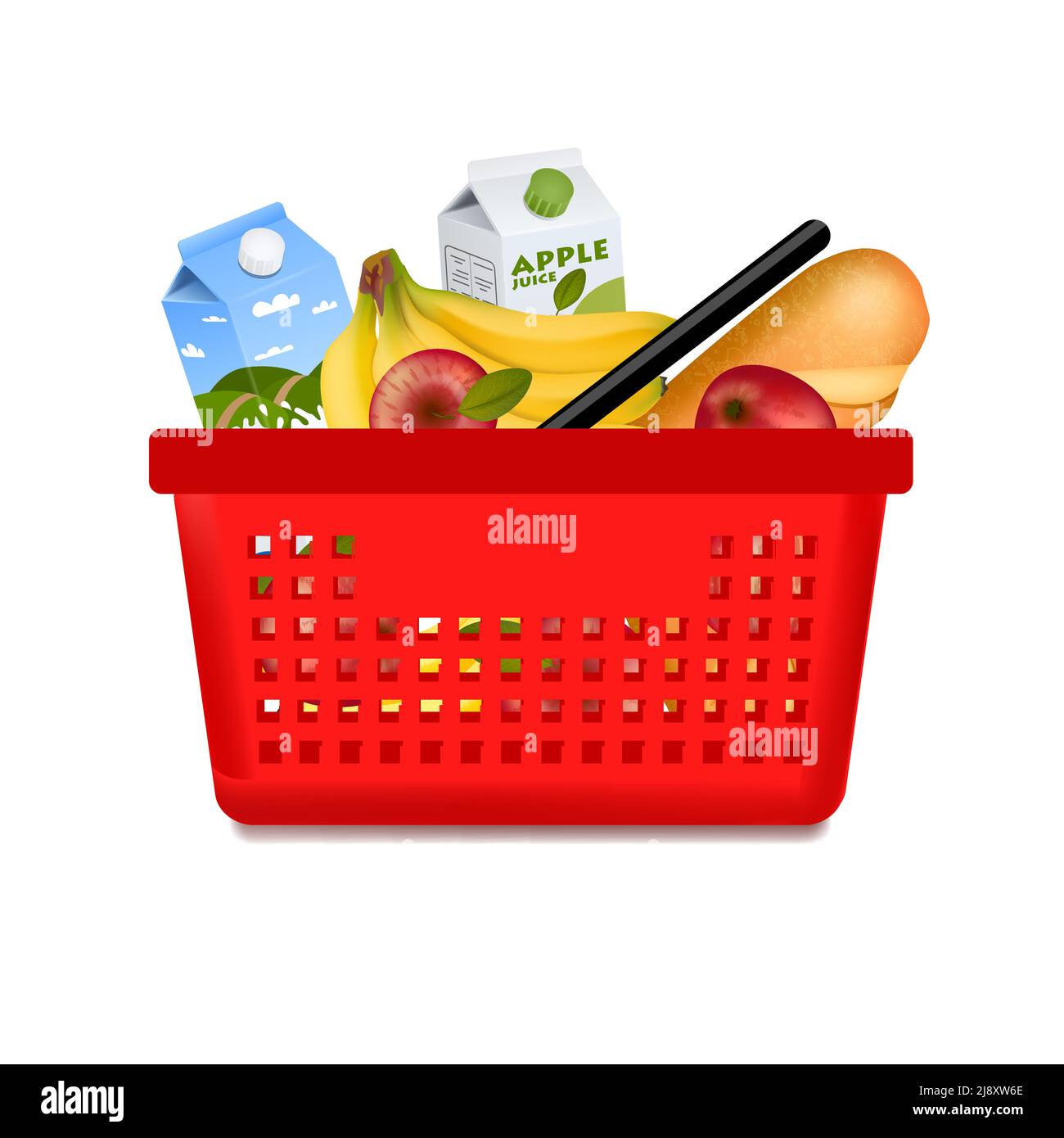 Isolated red supermarket basket full of items products grocery front ...