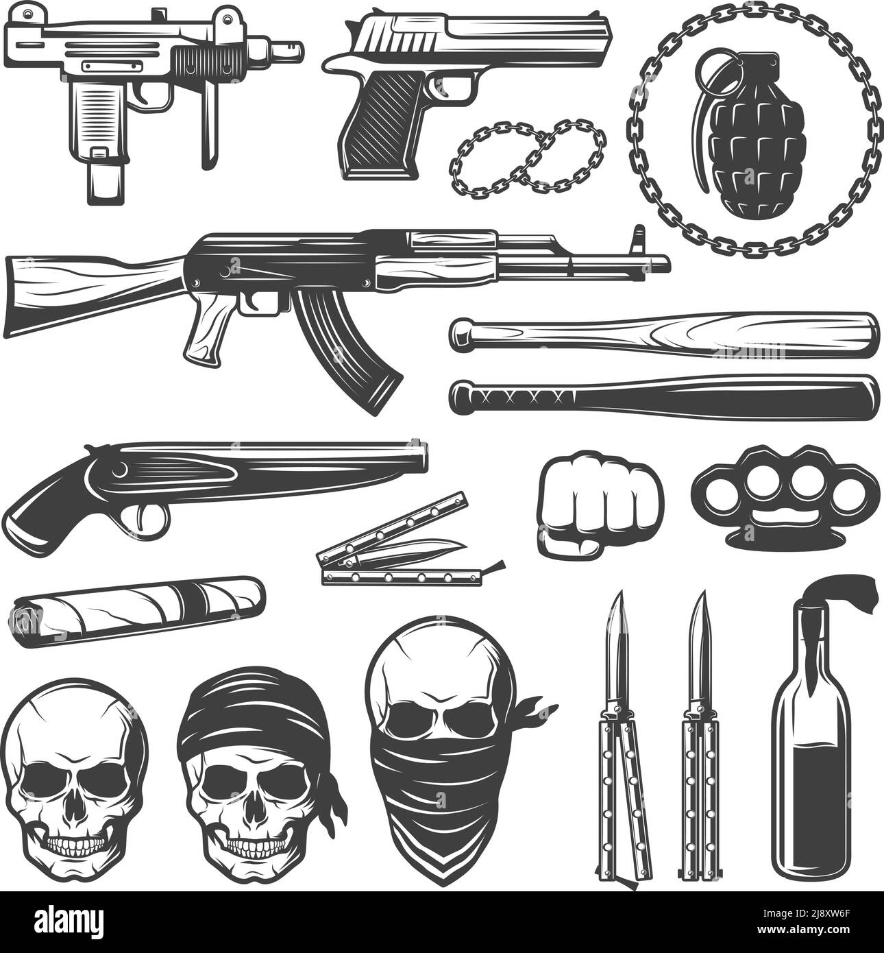Set with various isolated gangster symbols with weapons guns bats ...