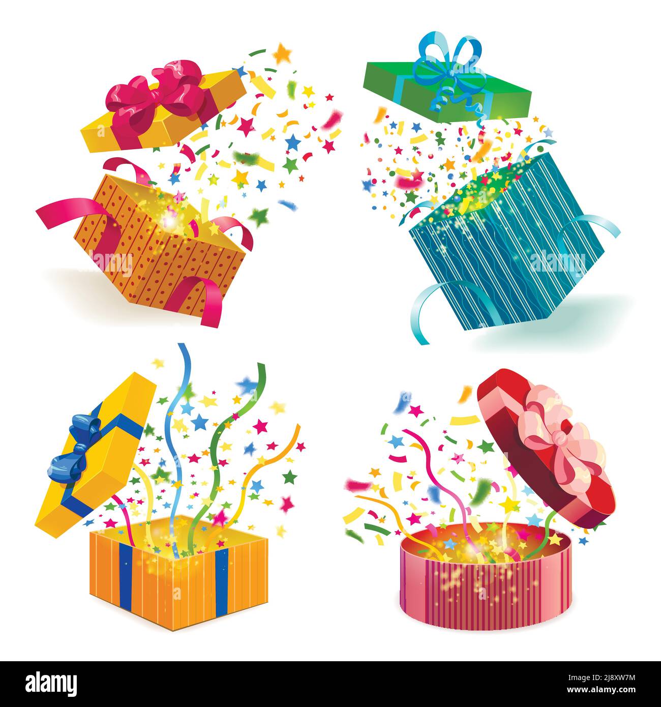 Open gift boxes of different design and fireworks from confetti 3d set ...