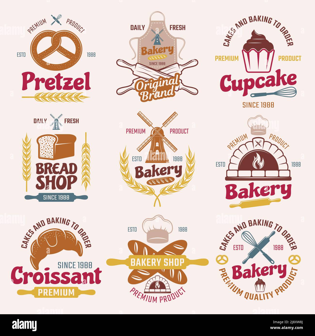 Flour products retro style emblems with typographic letterings mill ...
