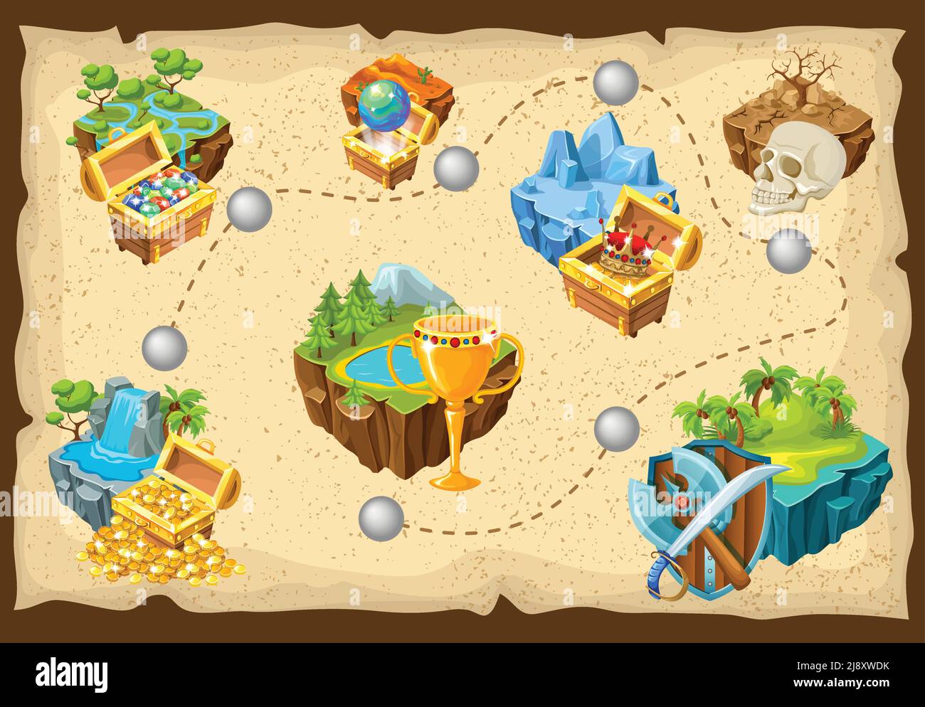 Isometric levels game islands composition with trophies and check ...