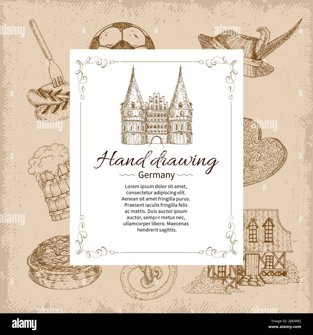 Hand drawn germany decorative icon set on paper background with top ...