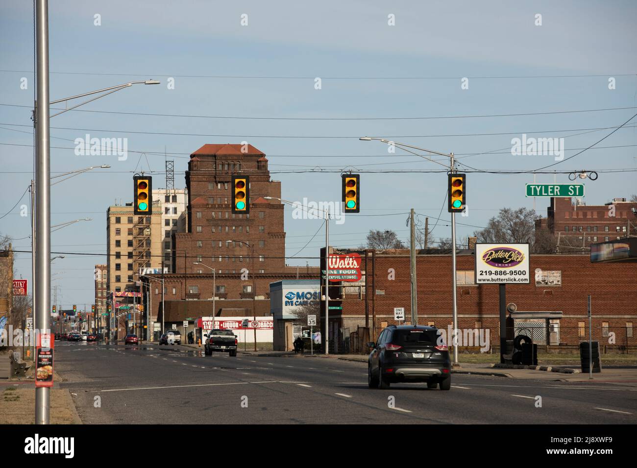 Afternoon light shines on the historic downtown center of Gary, Indiana ...