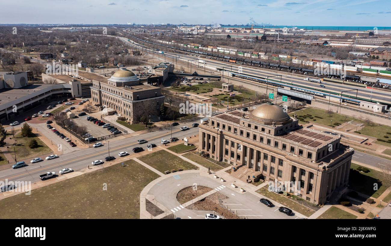 Afternoon light shines on the historic downtown center of Gary, Indiana ...