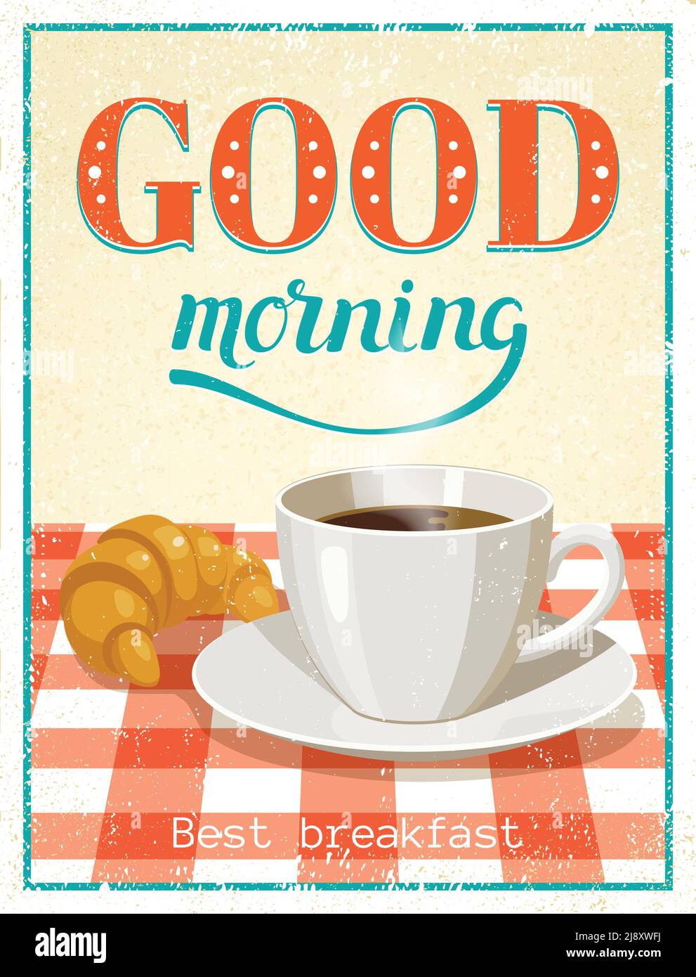 Breakfast poster with drawn cup of coffee and croissant on red ...