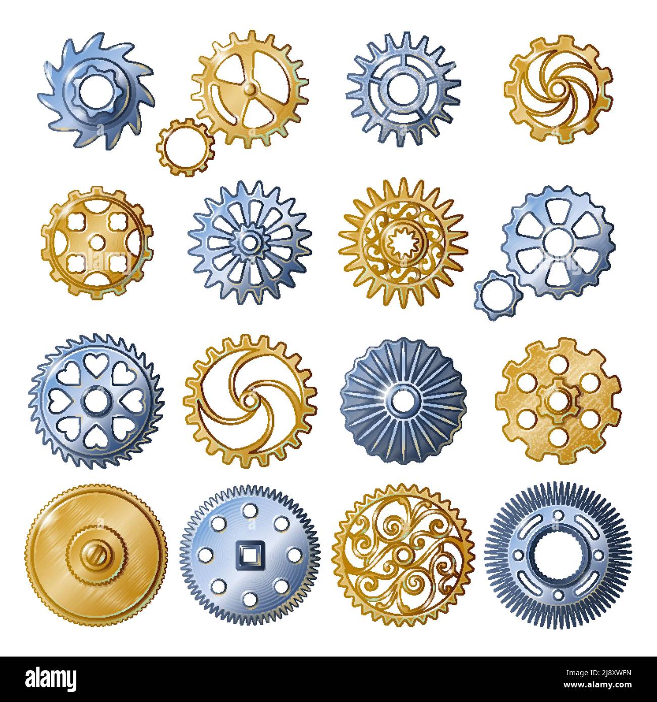 Sixteen isolated old style gear gold and silver mechanisms realistic ...