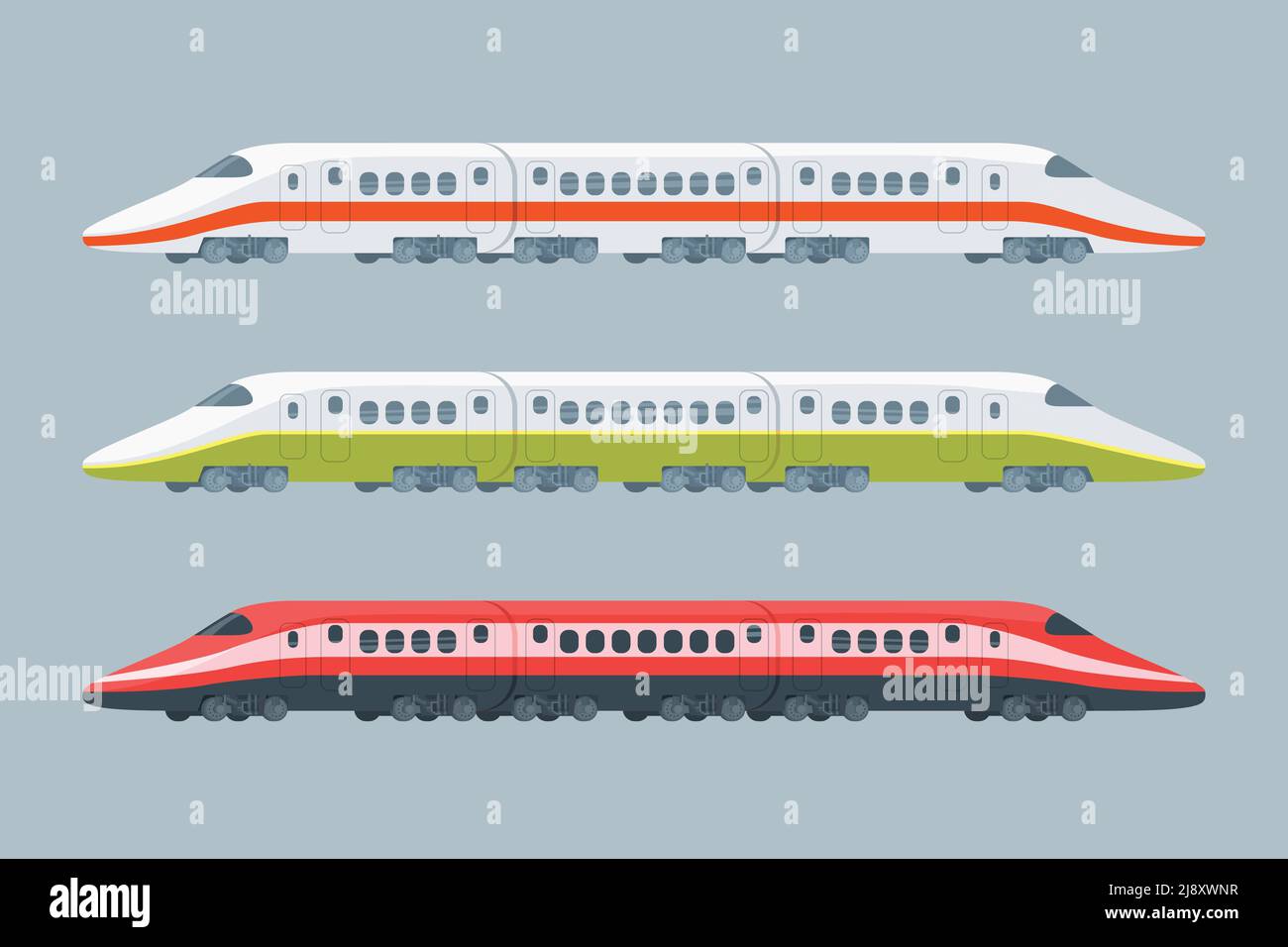 Flat modern high-speed trains collection of different colors on gray ...