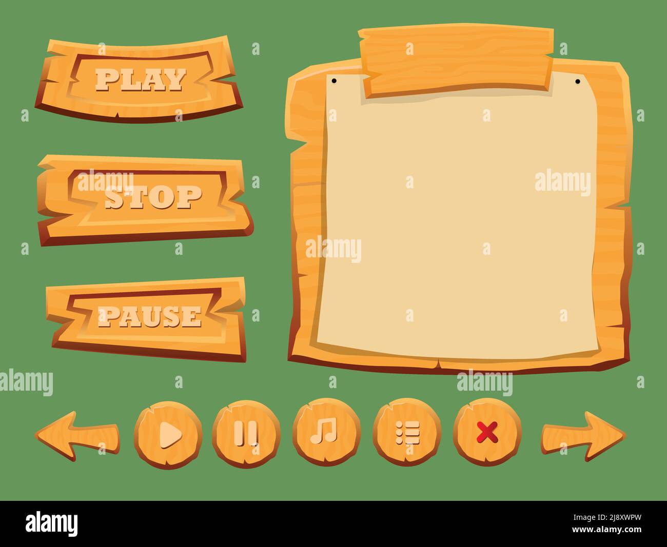 Game wooden interface elements set with menu and navigation buttons of ...