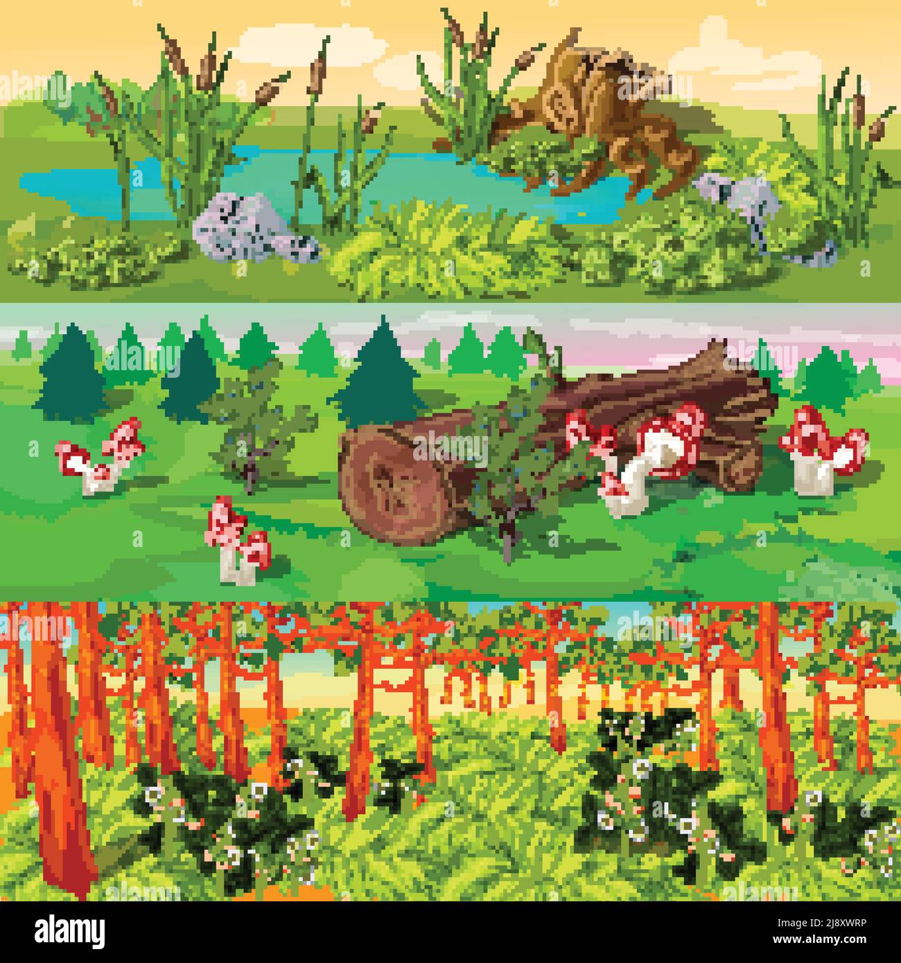 Forest horizontal banners set with pond and reeds spruces and mushrooms ...