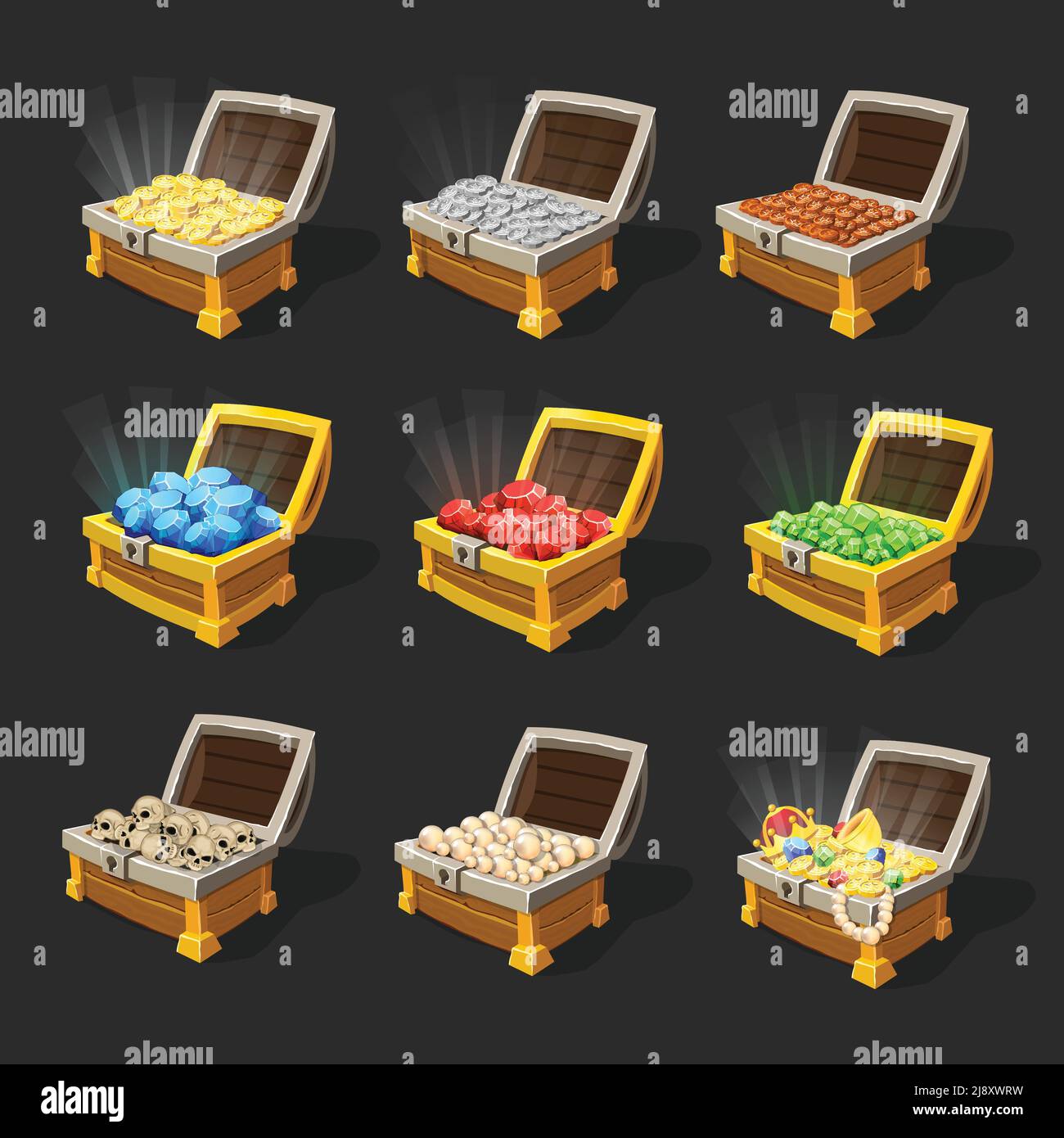 Isometric treasure chests set with coins sapphires rubies emeralds ...