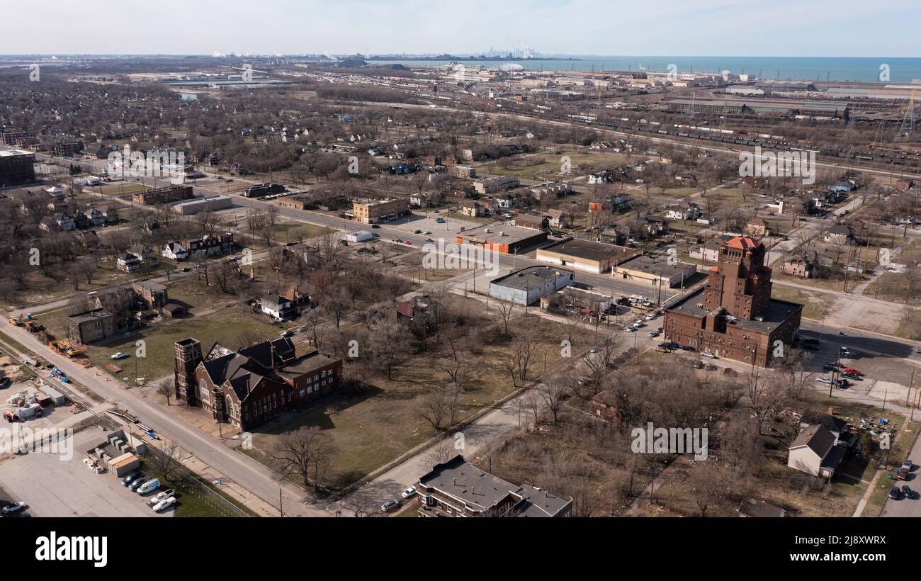 Afternoon light shines on the historic downtown center of Gary, Indiana ...