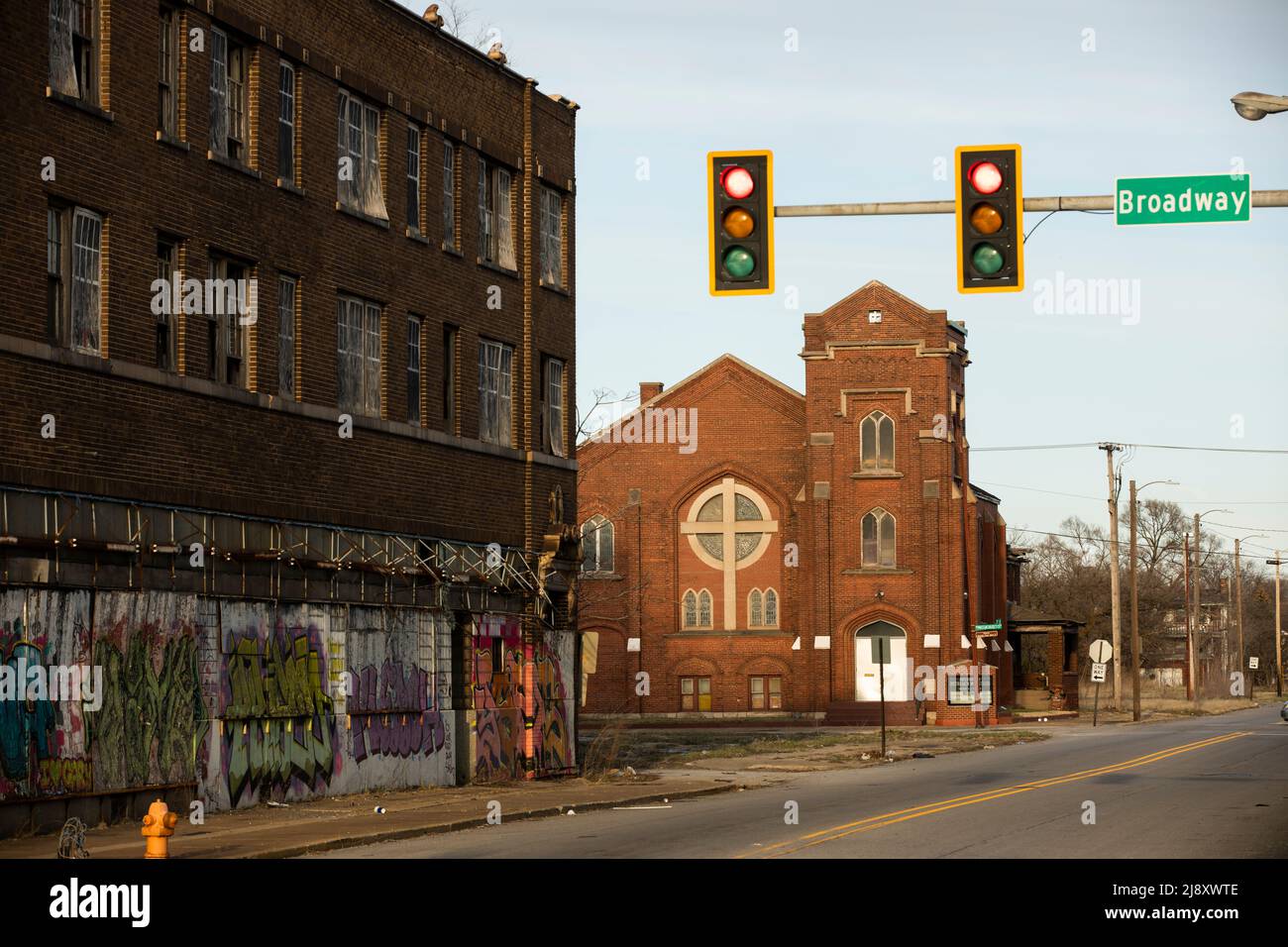 Afternoon light shines on the historic downtown center of Gary, Indiana ...