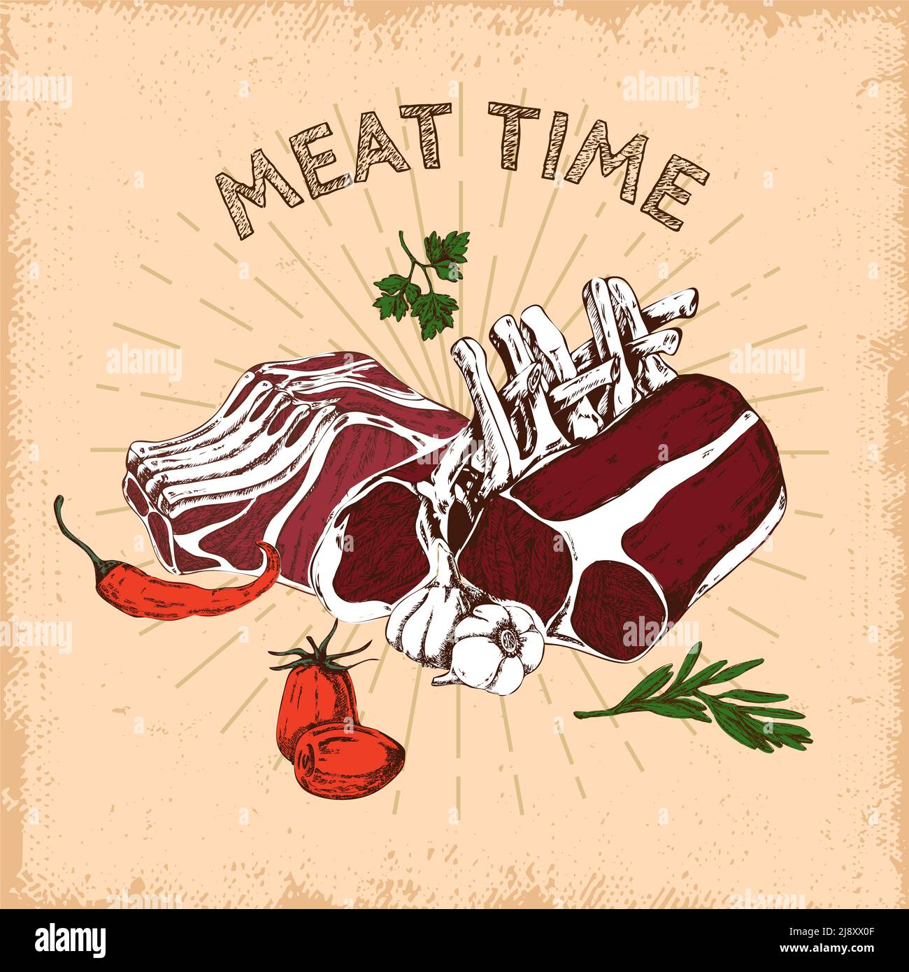 Meat time hand drawn design with flesh and bones in rays on beige worn ...