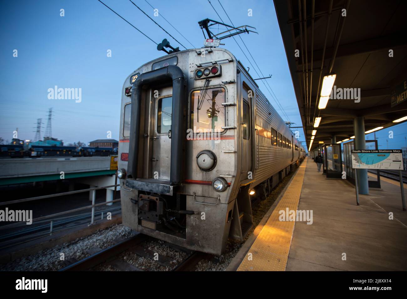 Gary, Indiana, USA - March 28, 2022: Train cars of the South Shore Line stop in Downtown Gary ...