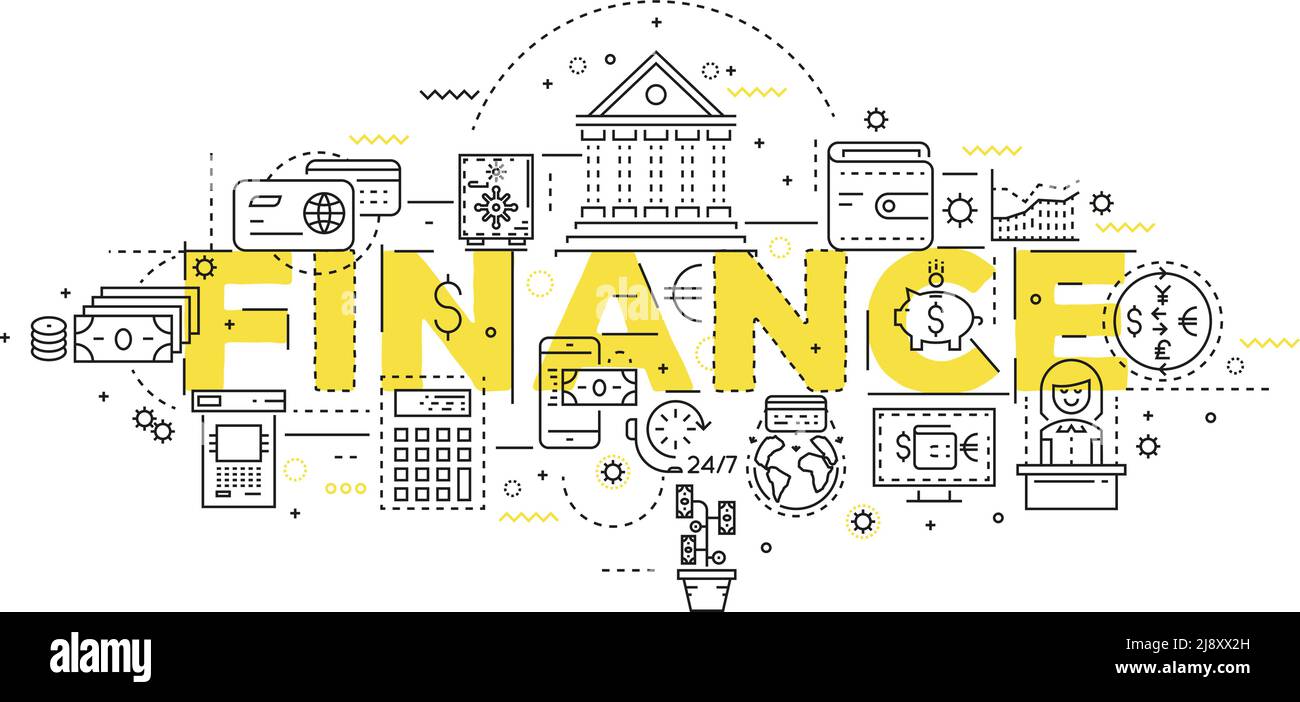 Finance linear design with yellow title and monochrome icons of banking ...