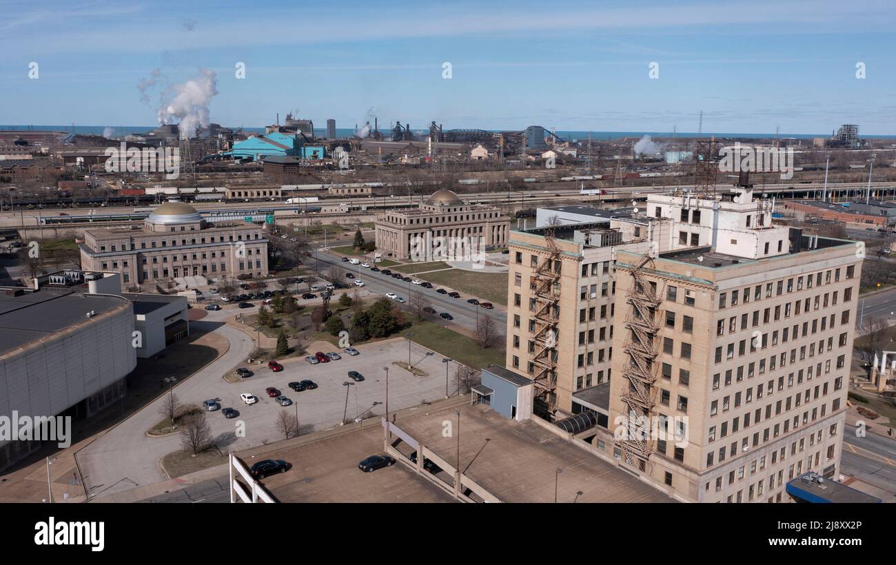 Afternoon light shines on the historic downtown center of Gary, Indiana ...