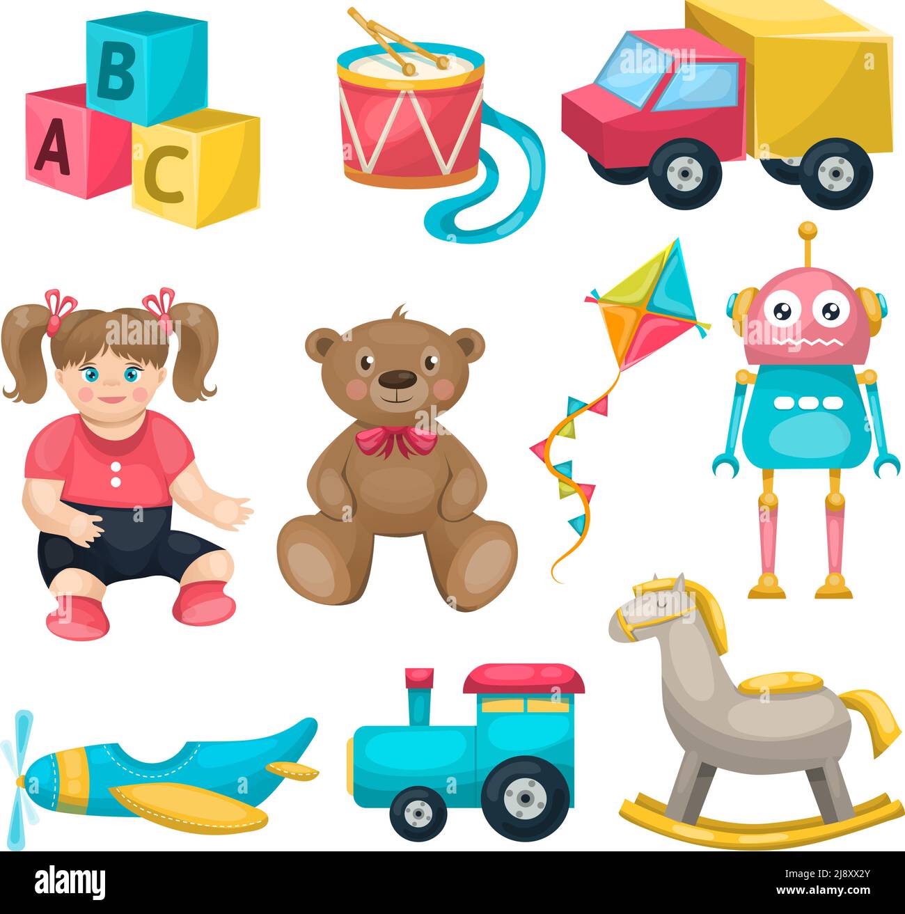 Set of ten isolated single kids toys of different shape and colour on ...