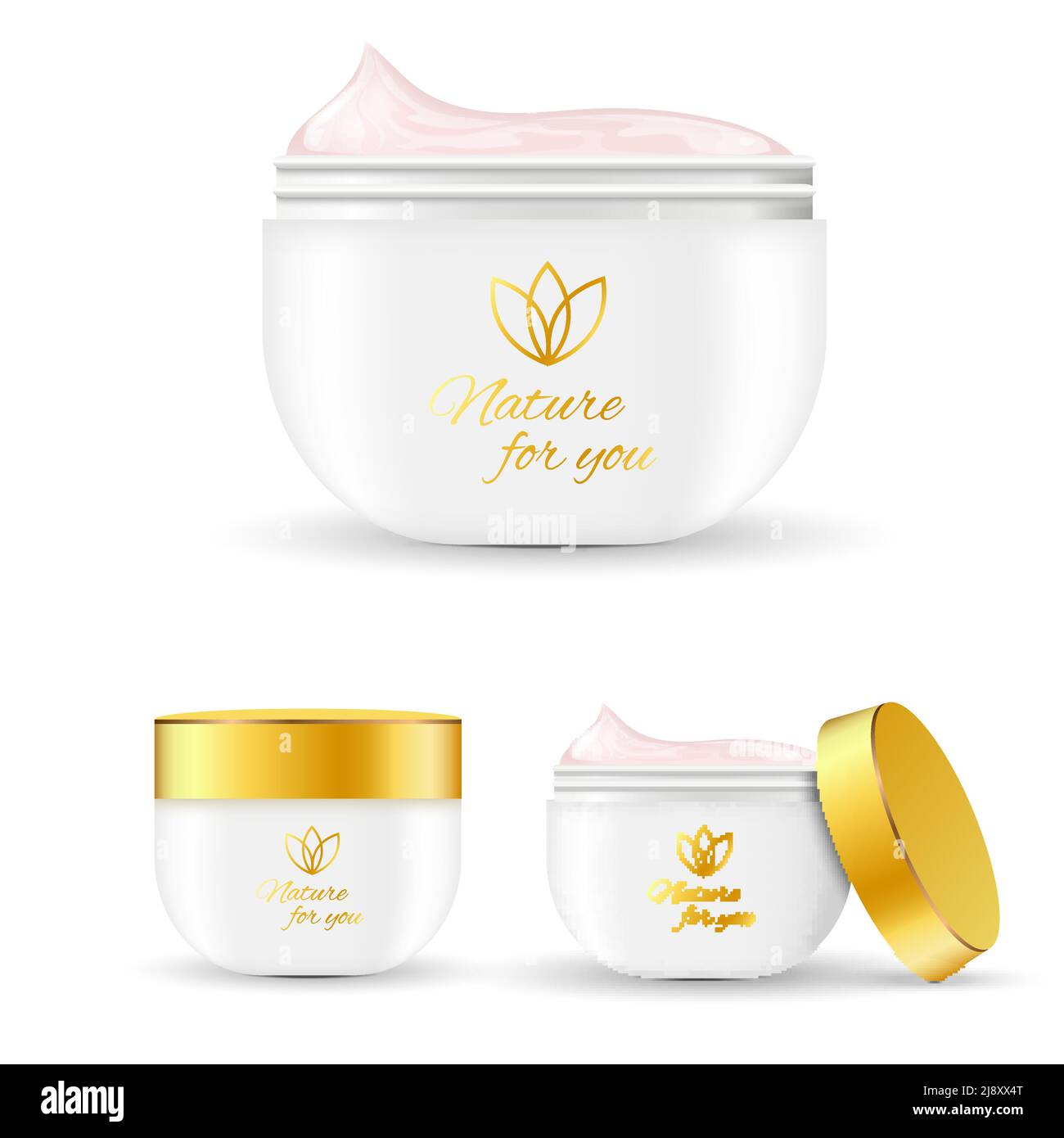 Jars of cream set with white glossy substance in open package with ...
