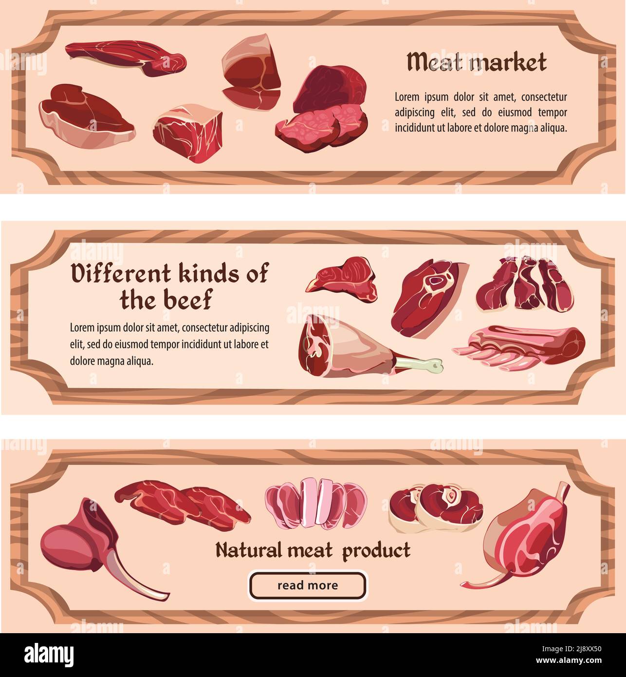 Hand drawn fresh meat horizontal banners with text and different parts ...
