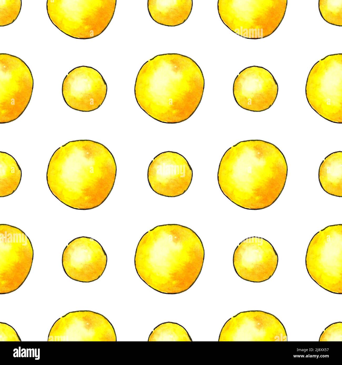 Watercolor illustration pattern of yellow round paint spots, dots pixel ...