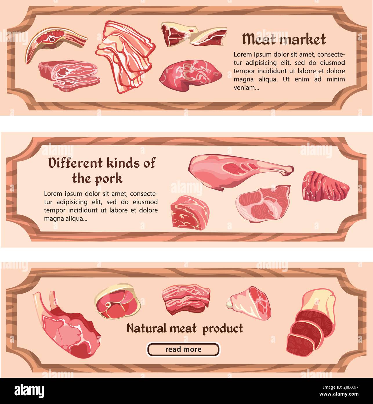 Hand drawn natural meat horizontal banners with text and cutting pork ...