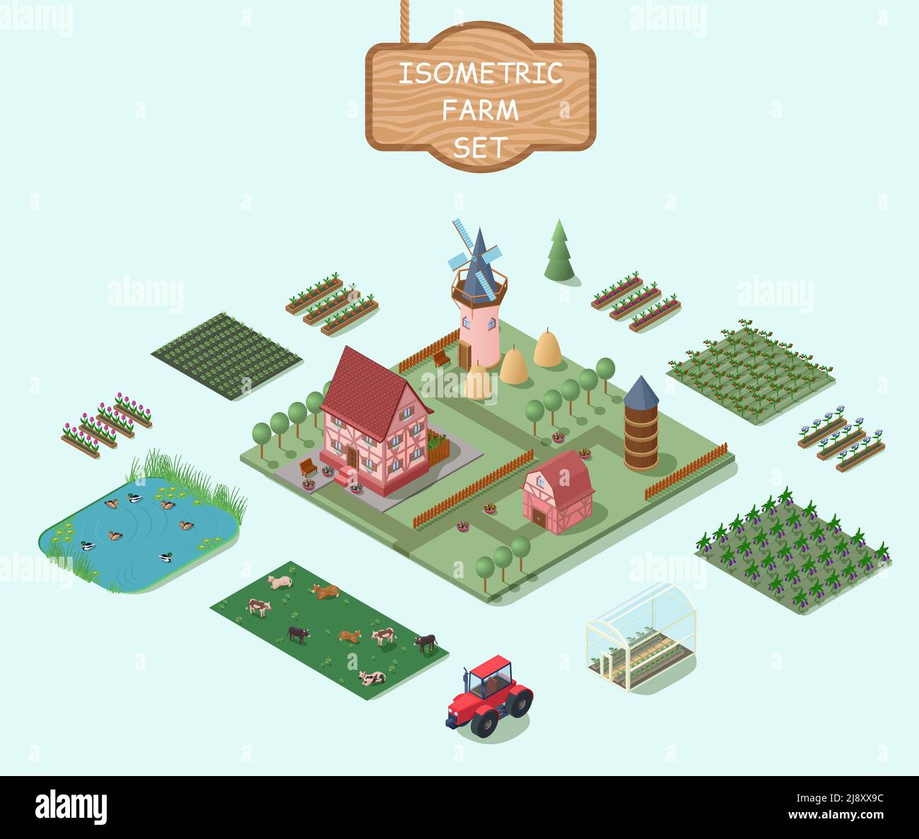 Isometric farm elements set with house windmill barn trees fields ...