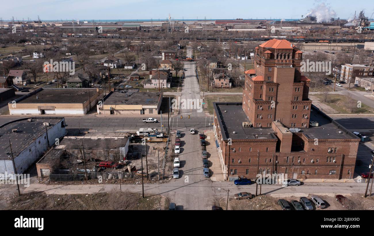 Afternoon light shines on the historic downtown center of Gary, Indiana ...