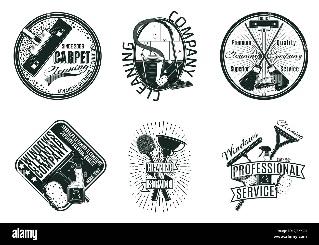 Monochrome cleaning company logos set with inscriptions tools ...