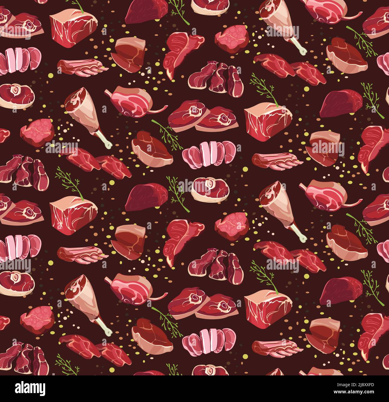 Fresh cutting beef parts seamless pattern in sketch style on dark ...