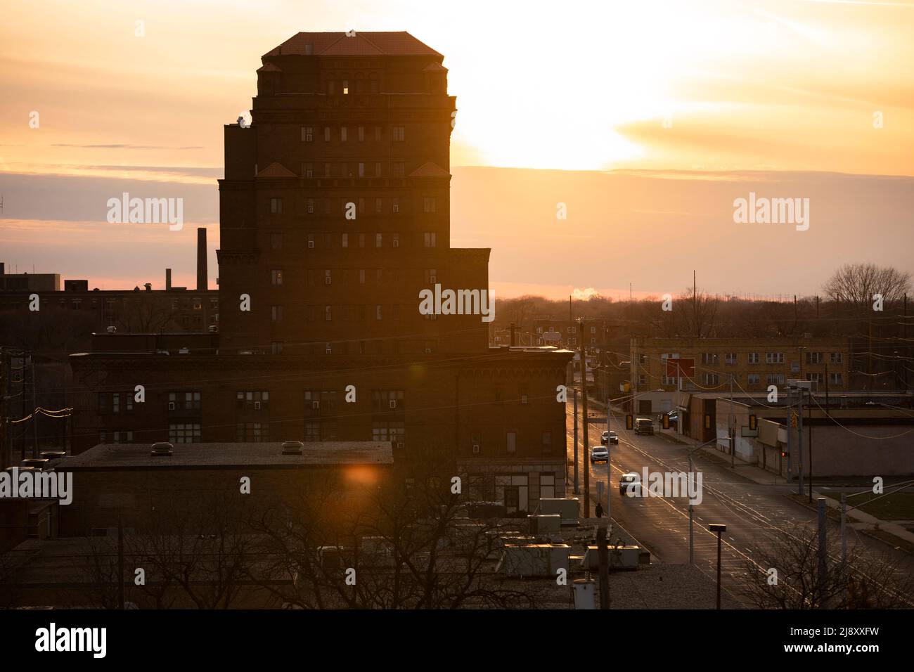 Afternoon light shines on the historic downtown center of Gary, Indiana ...
