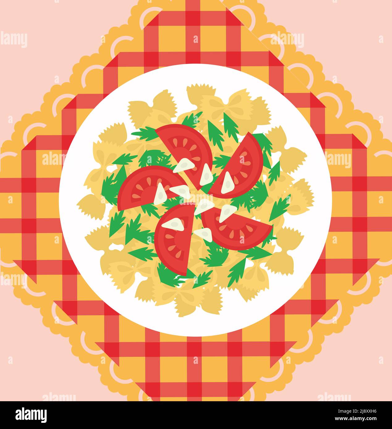 Italian pasta dish concept with farfalle tomatos cheese and basil green ...