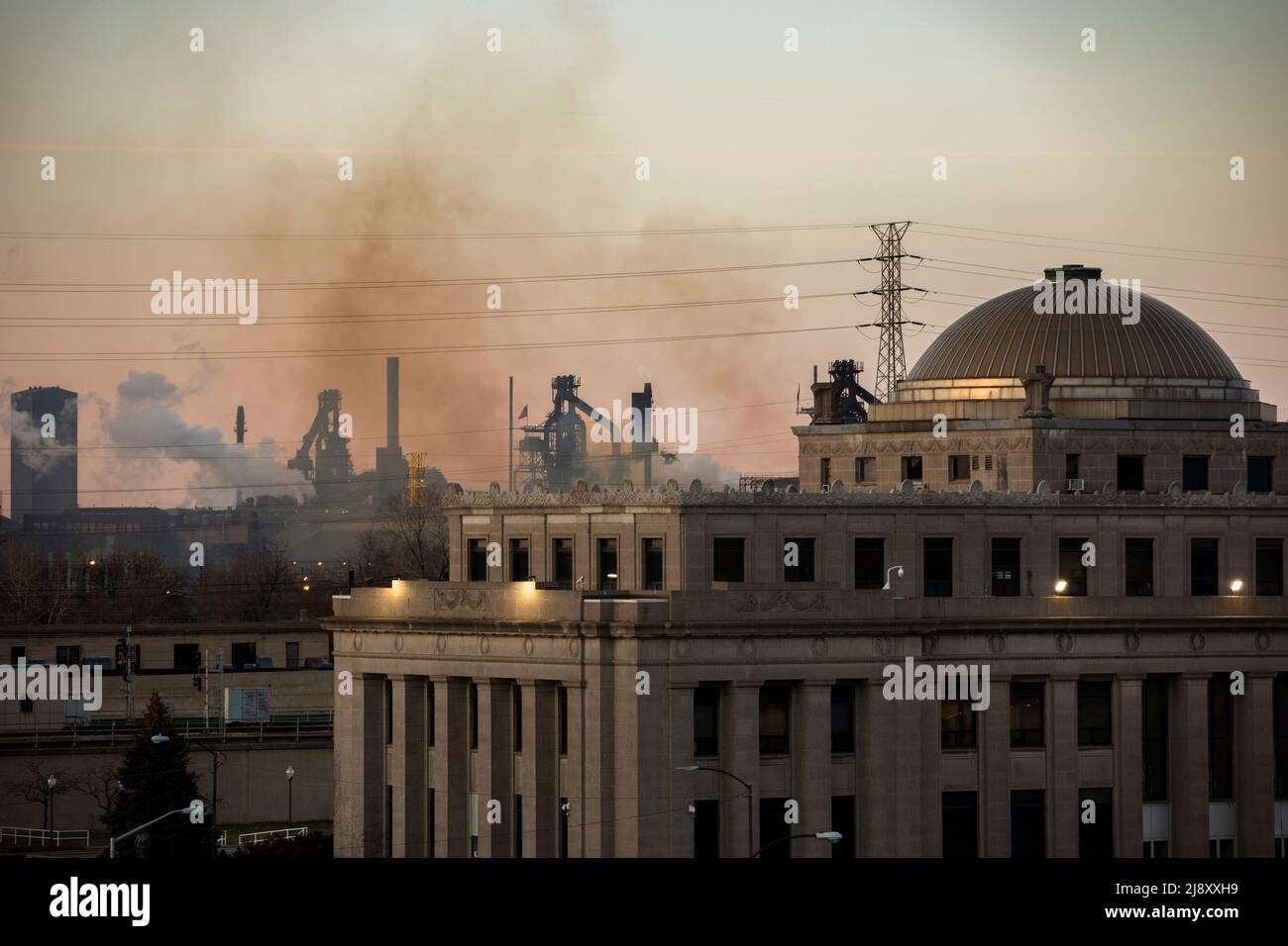 Afternoon light shines on the historic downtown center of Gary, Indiana ...