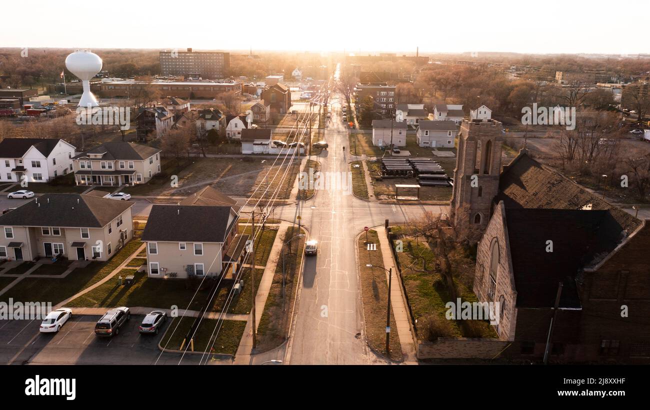 Afternoon light shines on the historic downtown center of Gary, Indiana ...