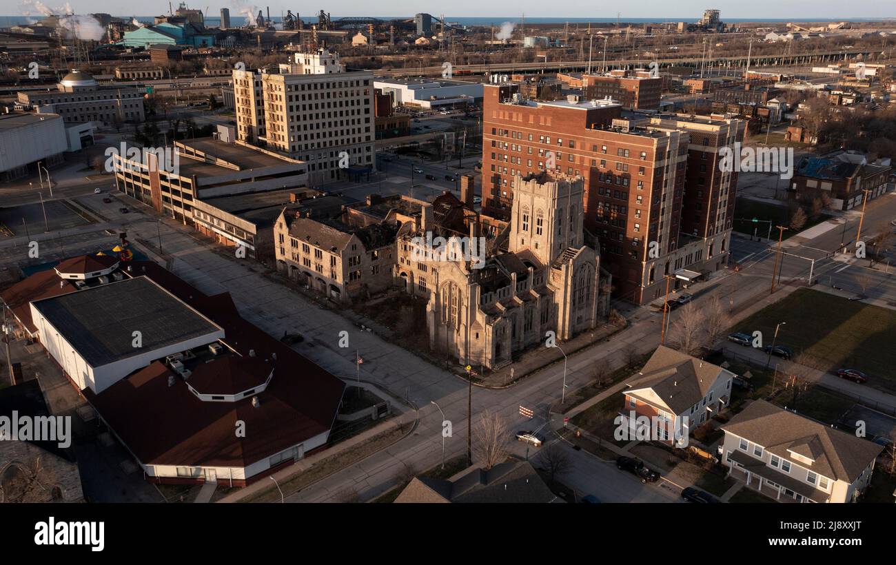 Afternoon light shines on the historic downtown center of Gary, Indiana ...