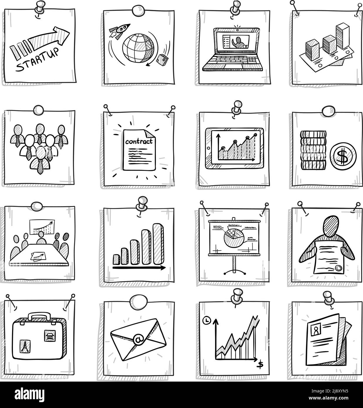 Hand drawn business concept with laptop chart graphs teamwork money ...