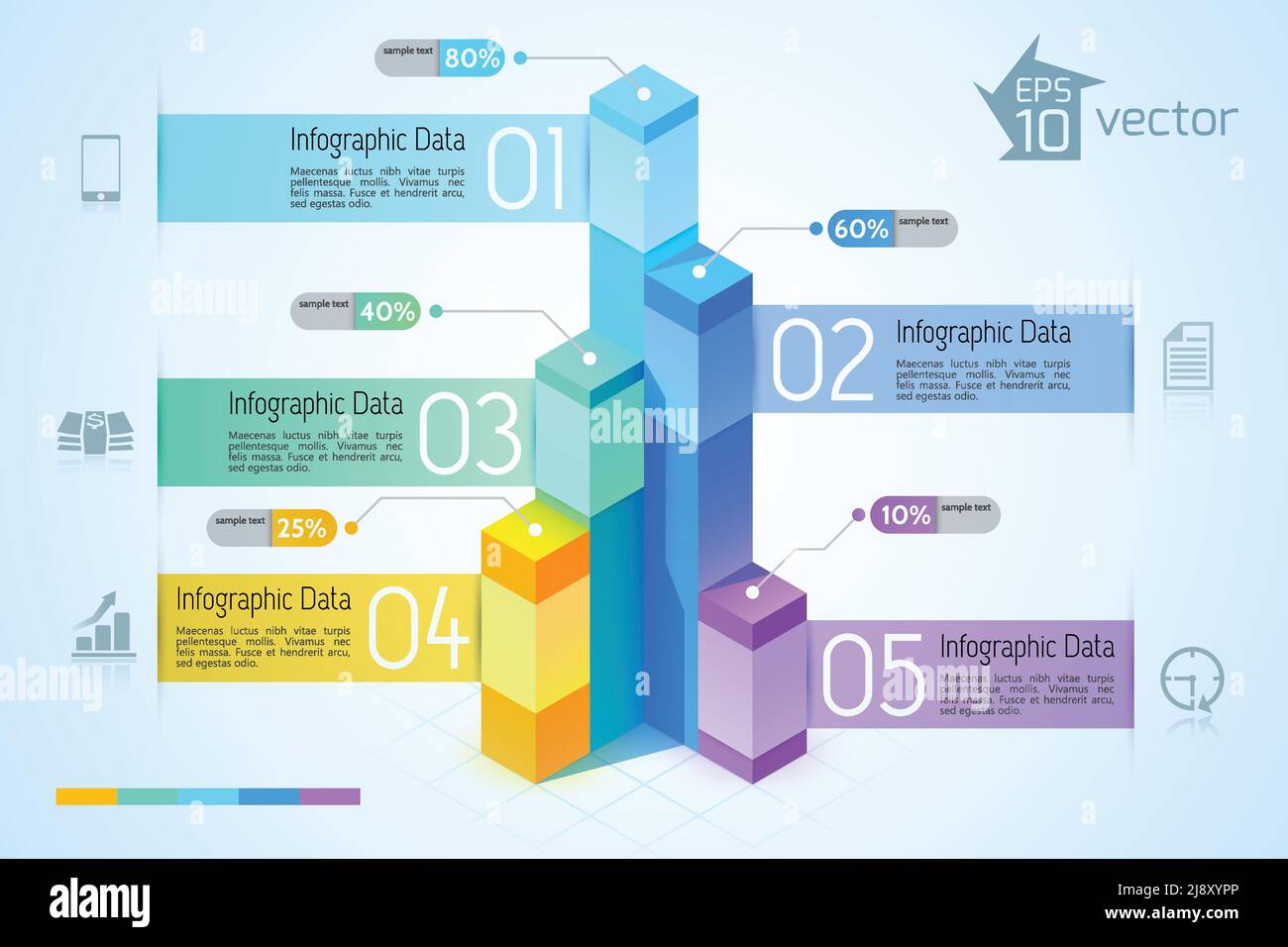 Business infographic template with colorful 3d square graphs five ...