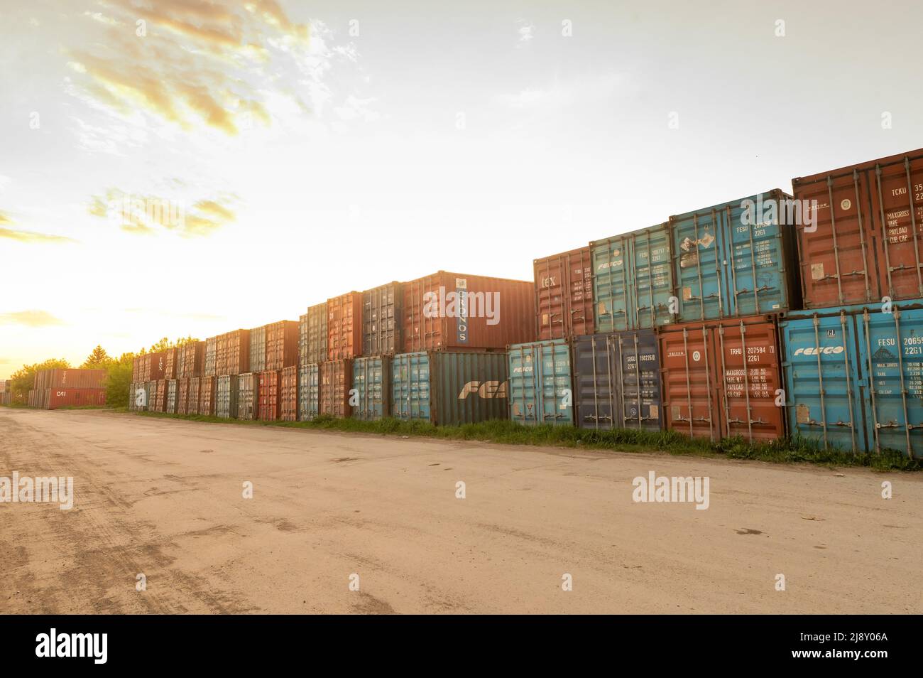 Warehouse of freight containers. Metal boxes loaded with each other in ...