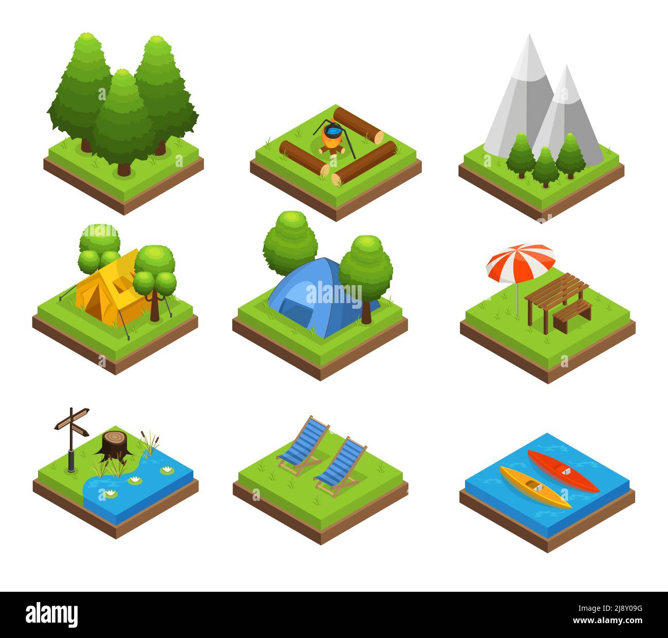 Isometric traveling camping collection with green plants mountains and ...