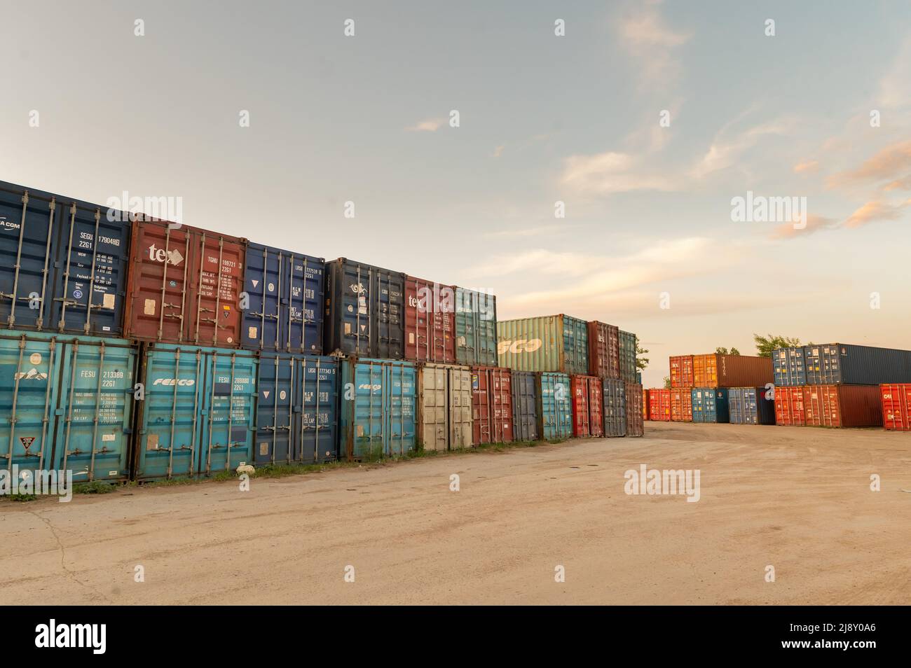 Warehouse of freight containers. Metal boxes loaded with each other in ...