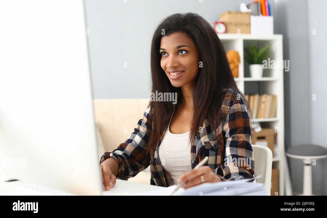 Smiling afro american woman on workplace, work as secretary, student on ...