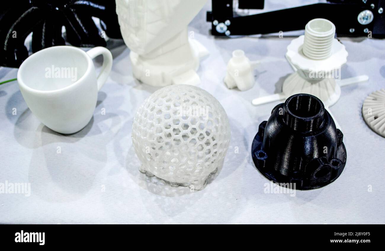 Object prototype printed on 3d printer from plastic filament close-up ...