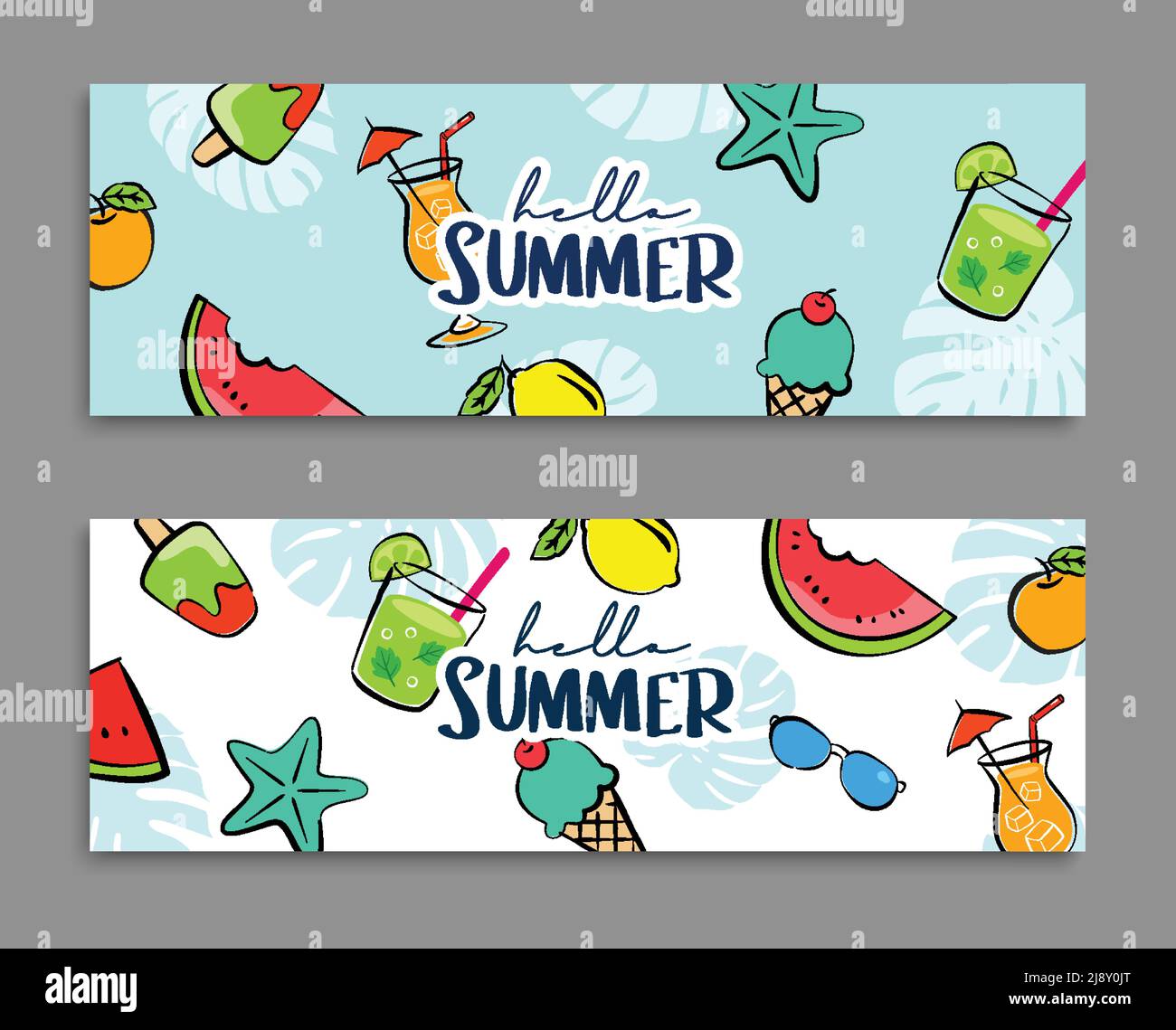 Hello summer banners design hand drawn style. Summer with doodles and ...