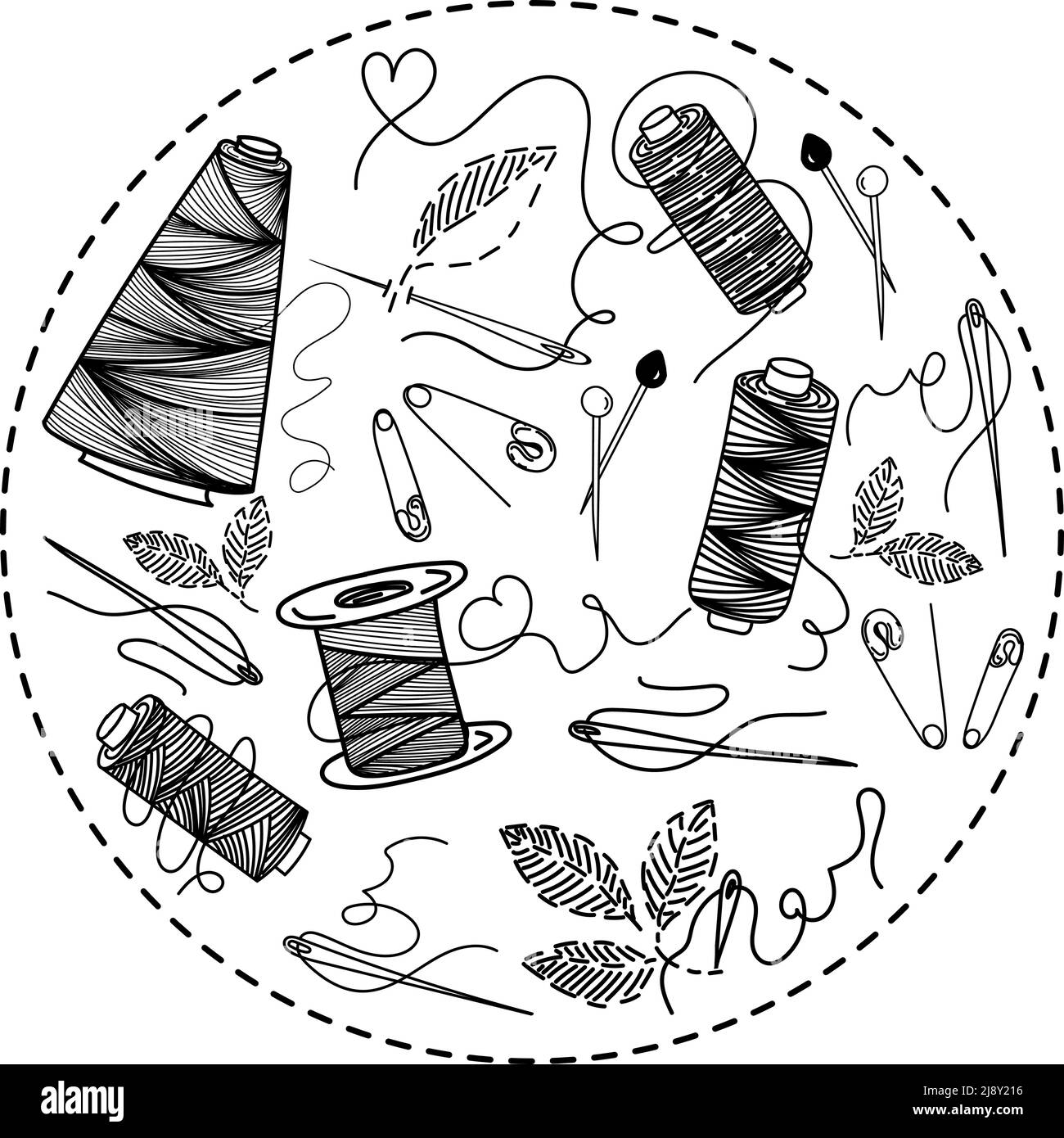 Set of sewing threads, hand-drawn doodles in sketch style. Elements in ...