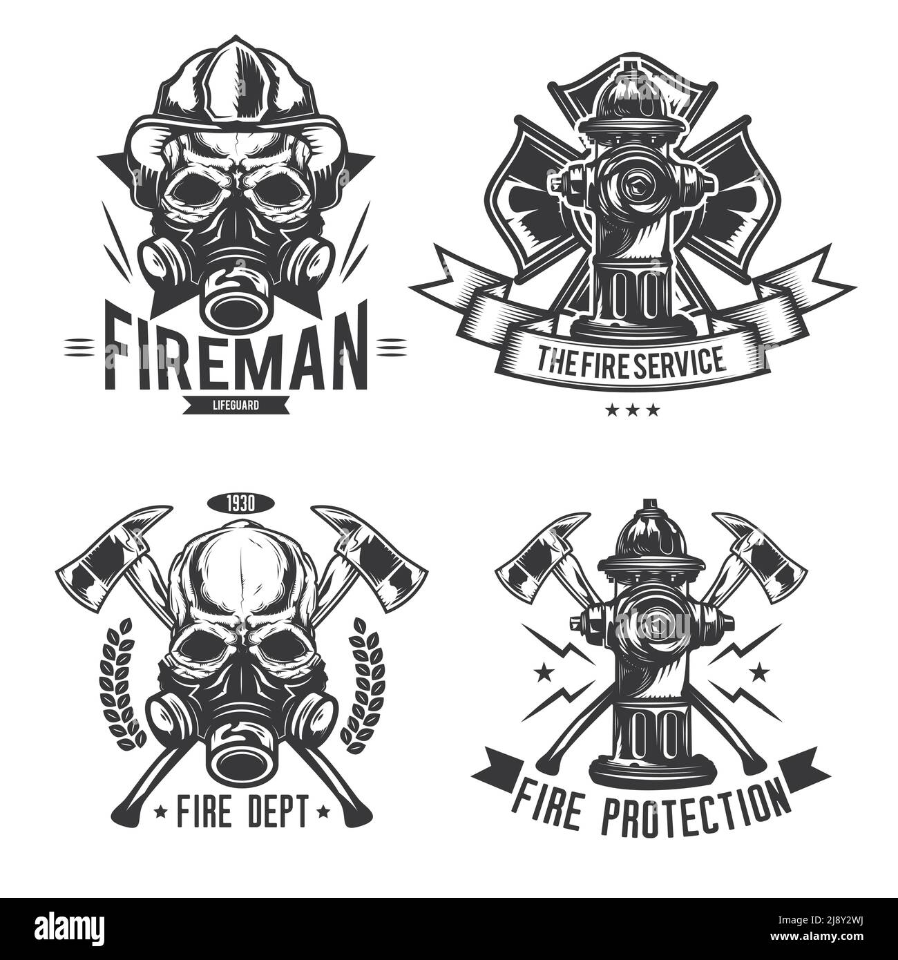 Set of firefighter elements emblems, labels, badges, logos. Isolated on ...