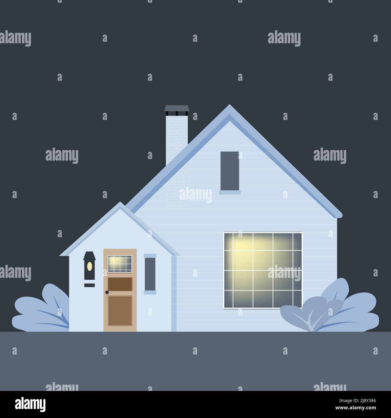 Nice house, vector rendered in a flat style. Night. Lights in the ...