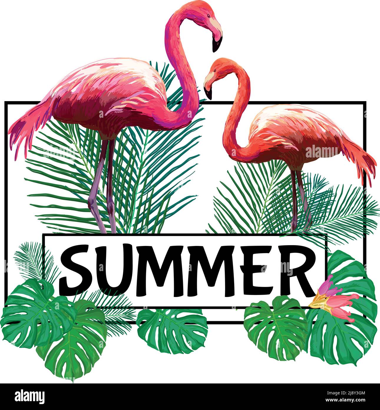 Light exotic tropical poster with pink flamingos green palm branches ...