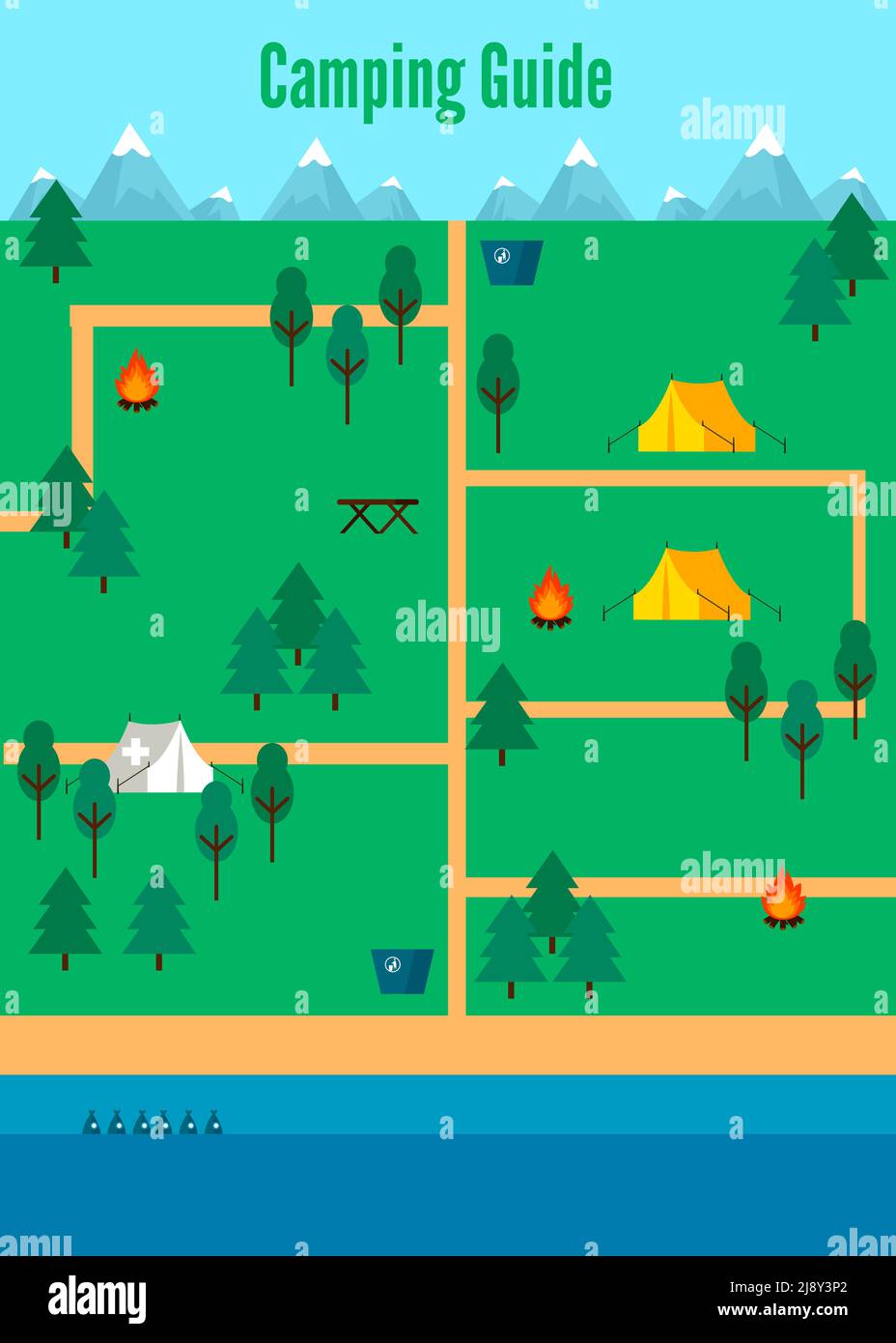 Flat camping map template with touristic and medical tents bonfire ...