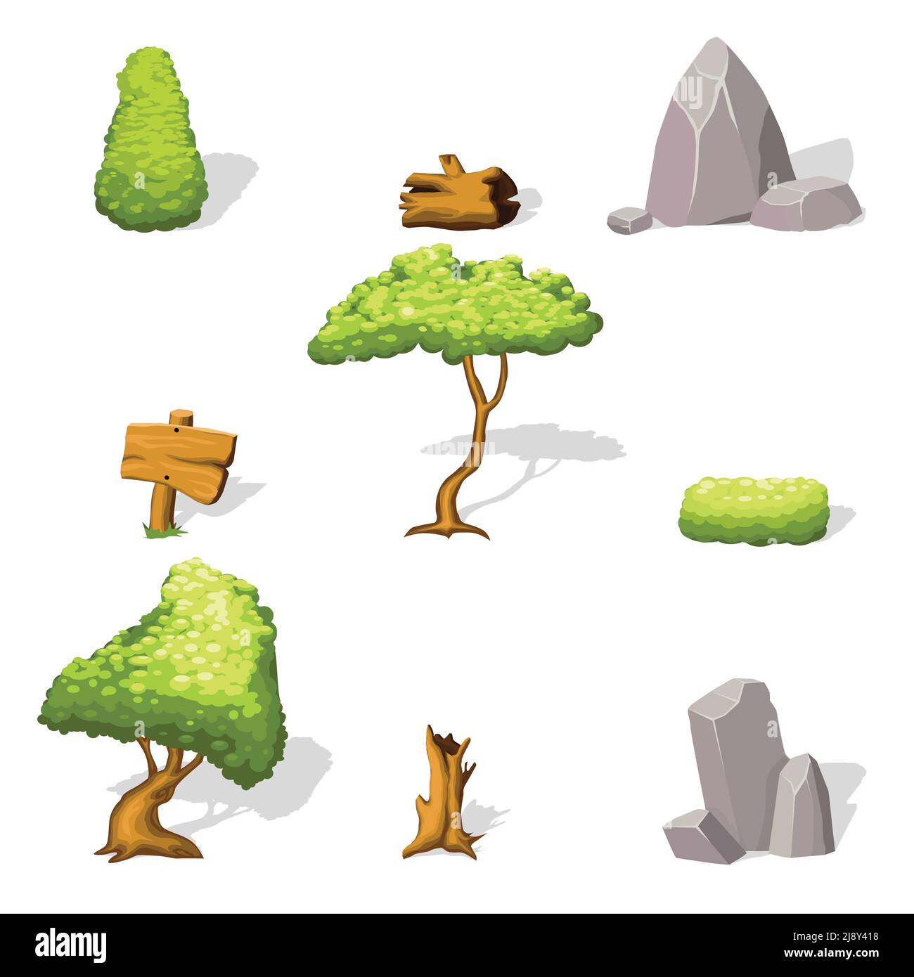 Natural landscape elements collection with green trees bush stones ...