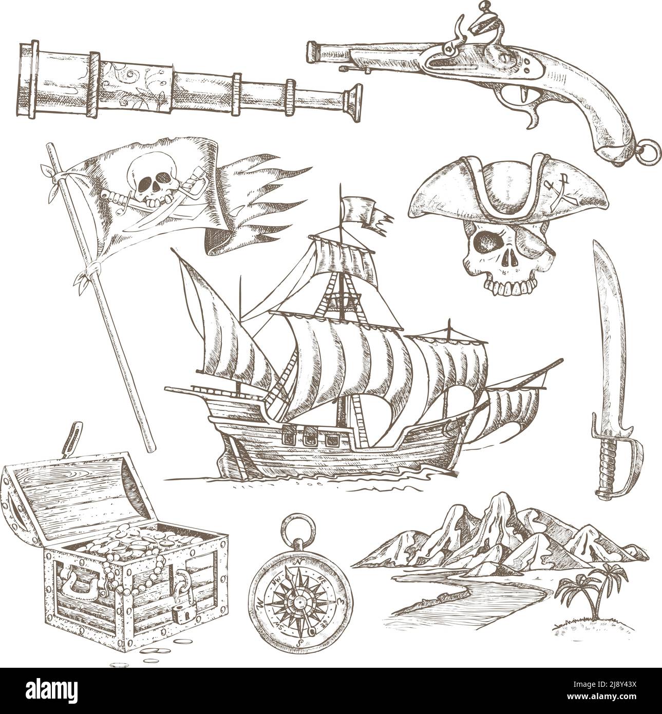 Set of hand drawn pirate elements with sailboat treasure chest and ...