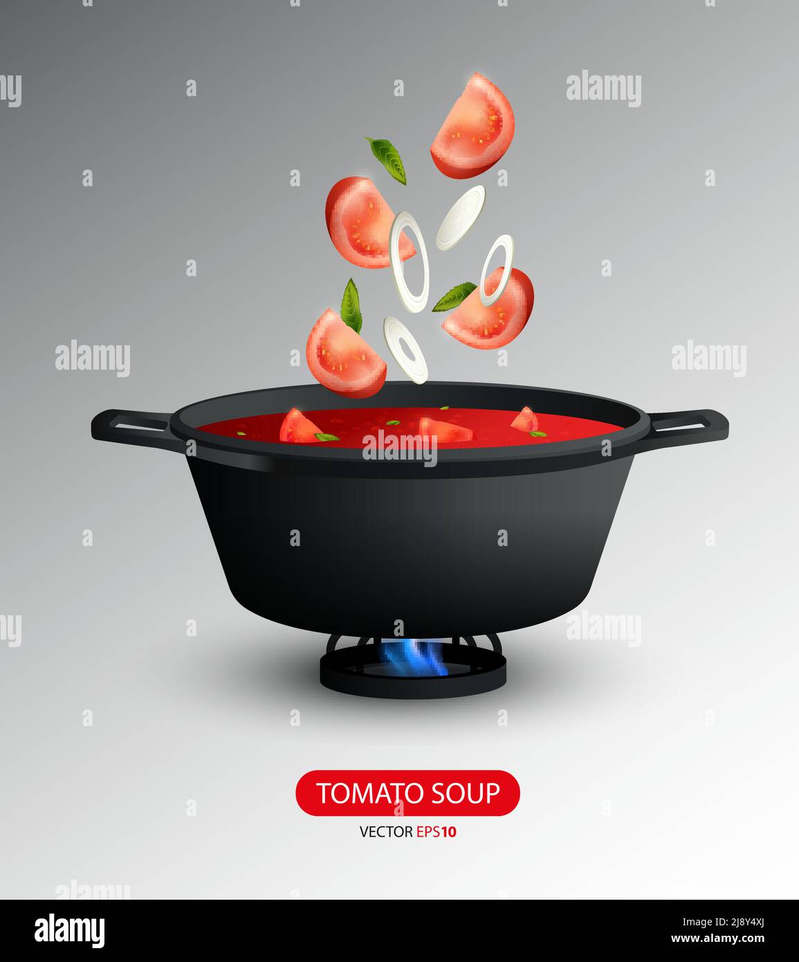 Realistic tomato soup cooking concept with tomato and onion slices ...
